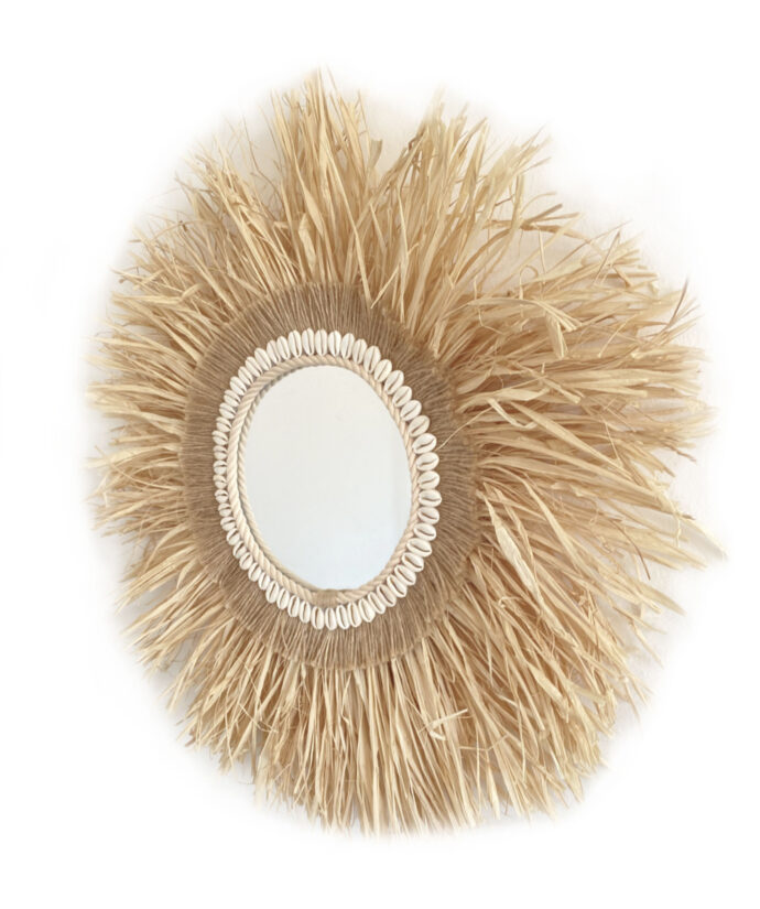 Round raffia mirror SHELLS- Handmade decoration